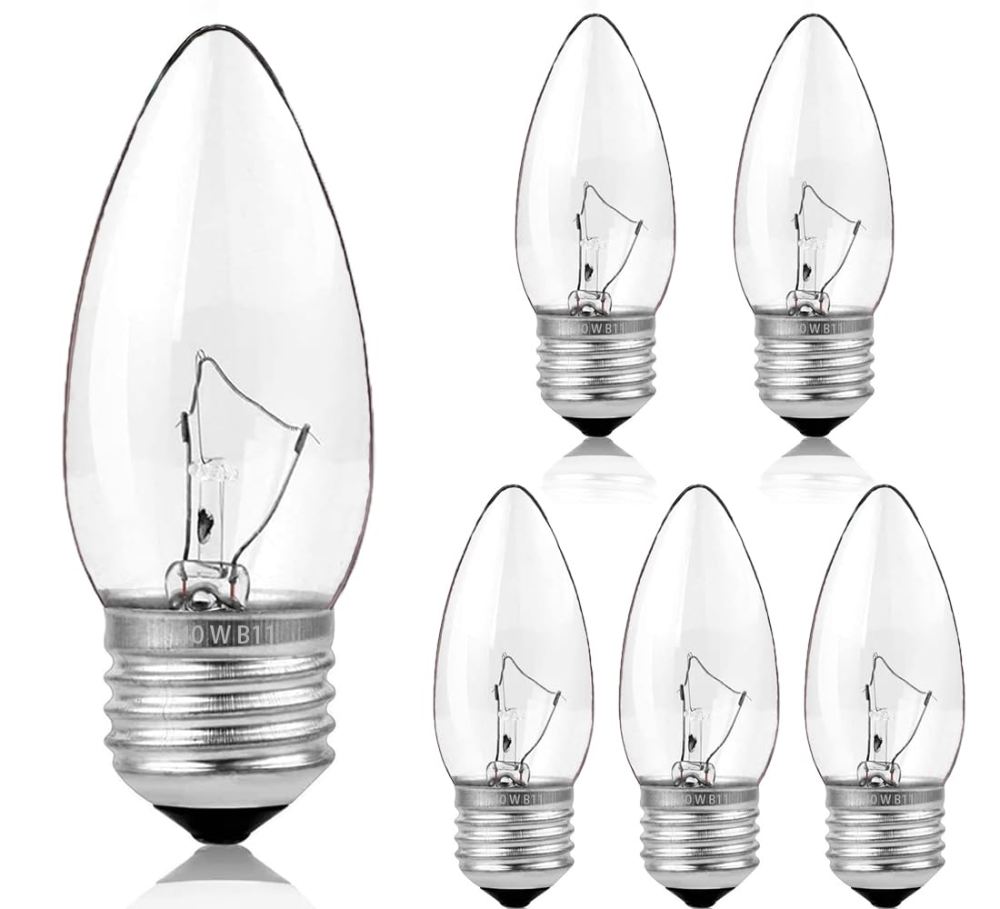 Jacqings 40W Incandescent Torpedo Tip Chandelier, Incandescent Clear Dimmable Light Bulbs and Medium E26 Candelabra Base,Transparent Candle Light Bulbs for Chandeliers, Ceiling Fan Lights (6Pack)