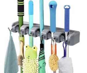 mop and broom holder, wall mounted organizer, garage storage rack & garden tool organizer, 5 slots with 6 hooks kitchen, garage and laundry