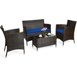 costway 4pcs rattan patio furniture set, outdoor wicker rattan chairs with coffee table, rattan cushioned conversation set for backyard balcony porch poolside, navy