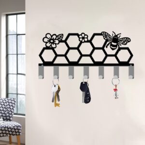 INFUNLY Key Holder for Wall Hive and Bees Pattern Wall Mounted Hooks Decorative Black Metal Organizer Rack with 7 Hooks for Bag Clothes Key Hanging Wall Decoration Bee with Honeycomb Art Wall Decor