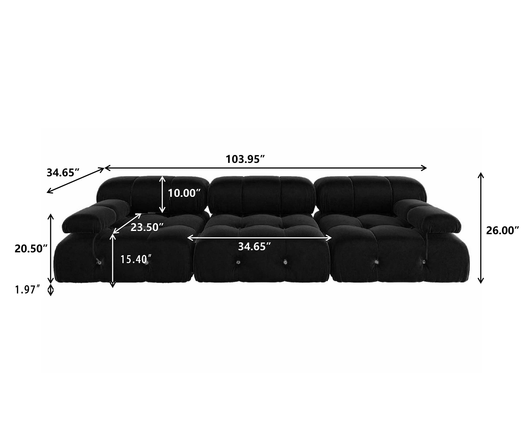 TIFLON Modular Sectional Sofa,Minimalist Velvet Sofas Couches, Modern Convertible Couch 3 Seats Living Room Sofa Sets for Office Apartment,104"(Black)