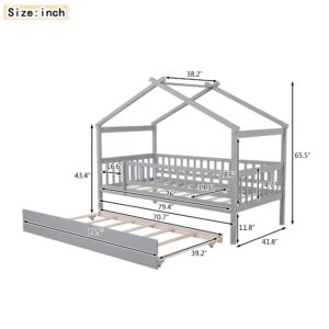 Twin House Bed with Trundle, Kids Twin Platform Bed Frame with Rails and Roof, Tent Bed, Wood Playhouse Bed Twin Montessori Bed for Kids Teens Girls & Boys, No Box Spring Needed (Gray)