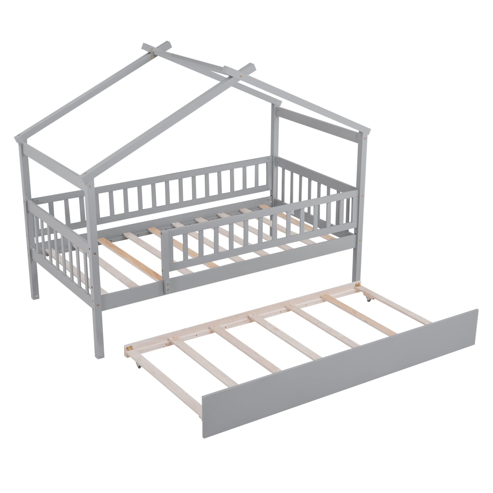 Twin House Bed with Trundle, Kids Twin Platform Bed Frame with Rails and Roof, Tent Bed, Wood Playhouse Bed Twin Montessori Bed for Kids Teens Girls & Boys, No Box Spring Needed (Gray)