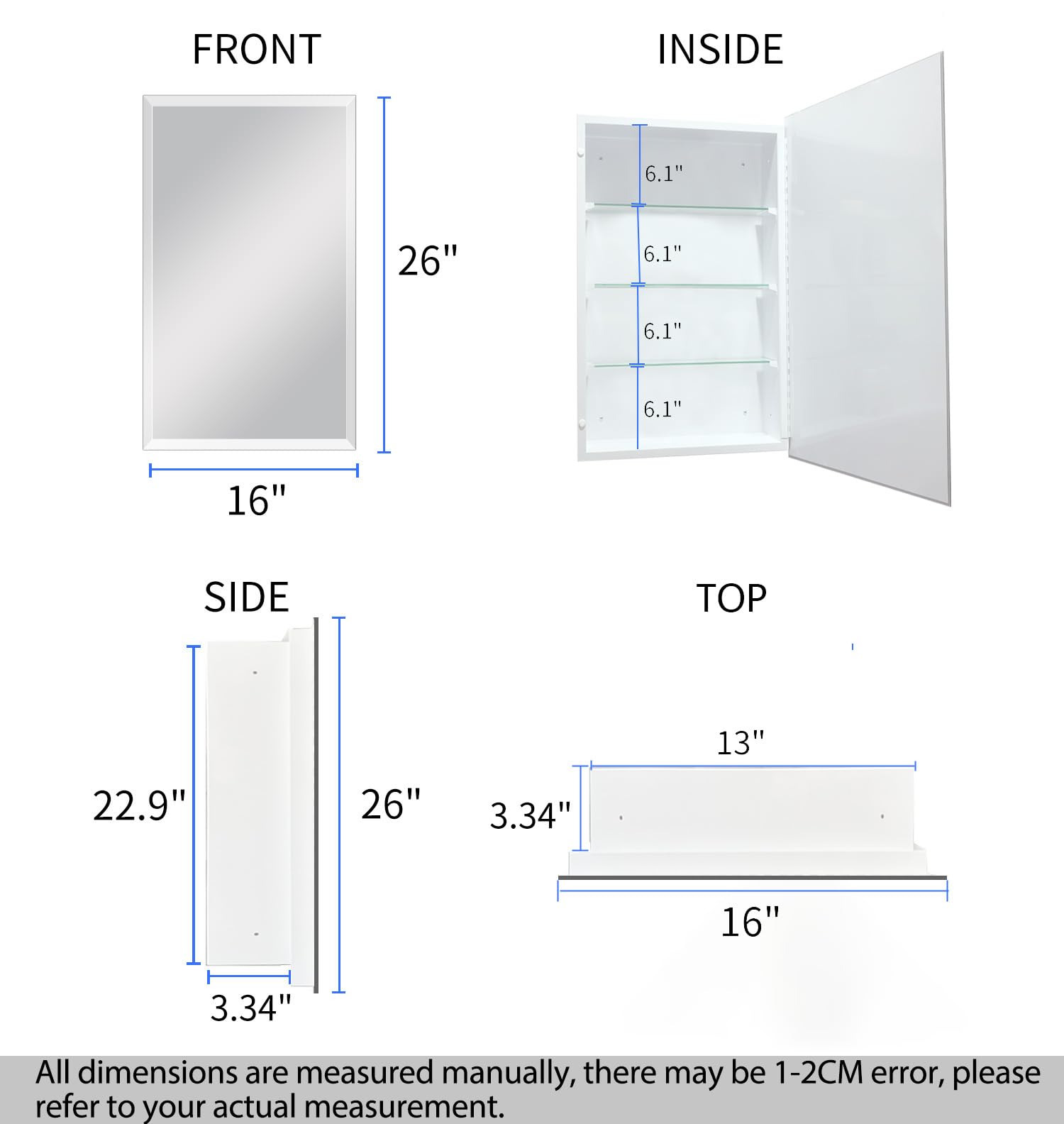 HESONTH Bathroom Medicine Cabinet with 16"x26" Frameless Mirror, Rectangular Beveled Frameless Mirror Cabinet,Wall Mounted Cabinet for Bathroom Toilet Kitchen,Recess or Surface Mount Installation