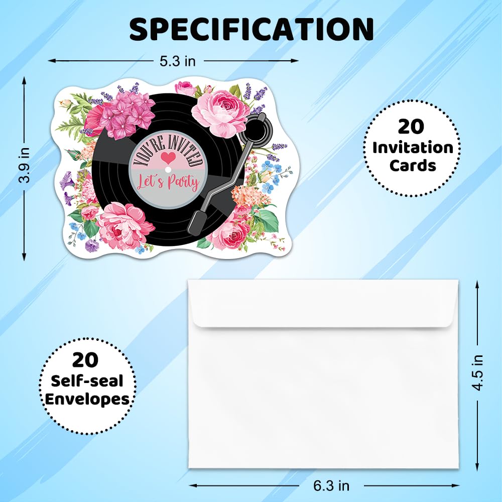 ERHACHAIJIA 20 PCS Pink Flowers Vinyl Records Shaped Fill-In Invitations Cards With Envelopes, Funny Music Party Birthday Bridal Shower Wedding Party Invites For Teens Adults Music Lover Singer Fans