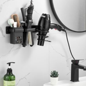 Bleiou Wall Mounted Hair Dryer Holder - Blow Dryer Holder with Hair Tool Organizer for Easy Access - Space Saving Hair Dryer Wall Mount for Home or Salon Use (Black)