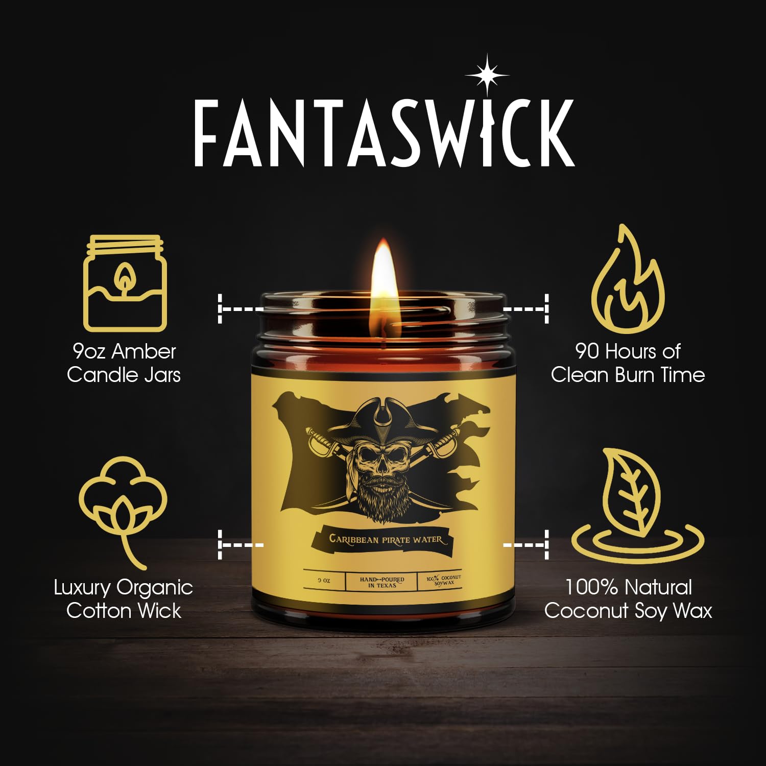 Fantaswick's Caribbean Pirate Waters Candle | 100% Natural Coconut Soy Wax & Cotton Wick in Amber Candle Jar | Hand-Poured in Texas | 9oz