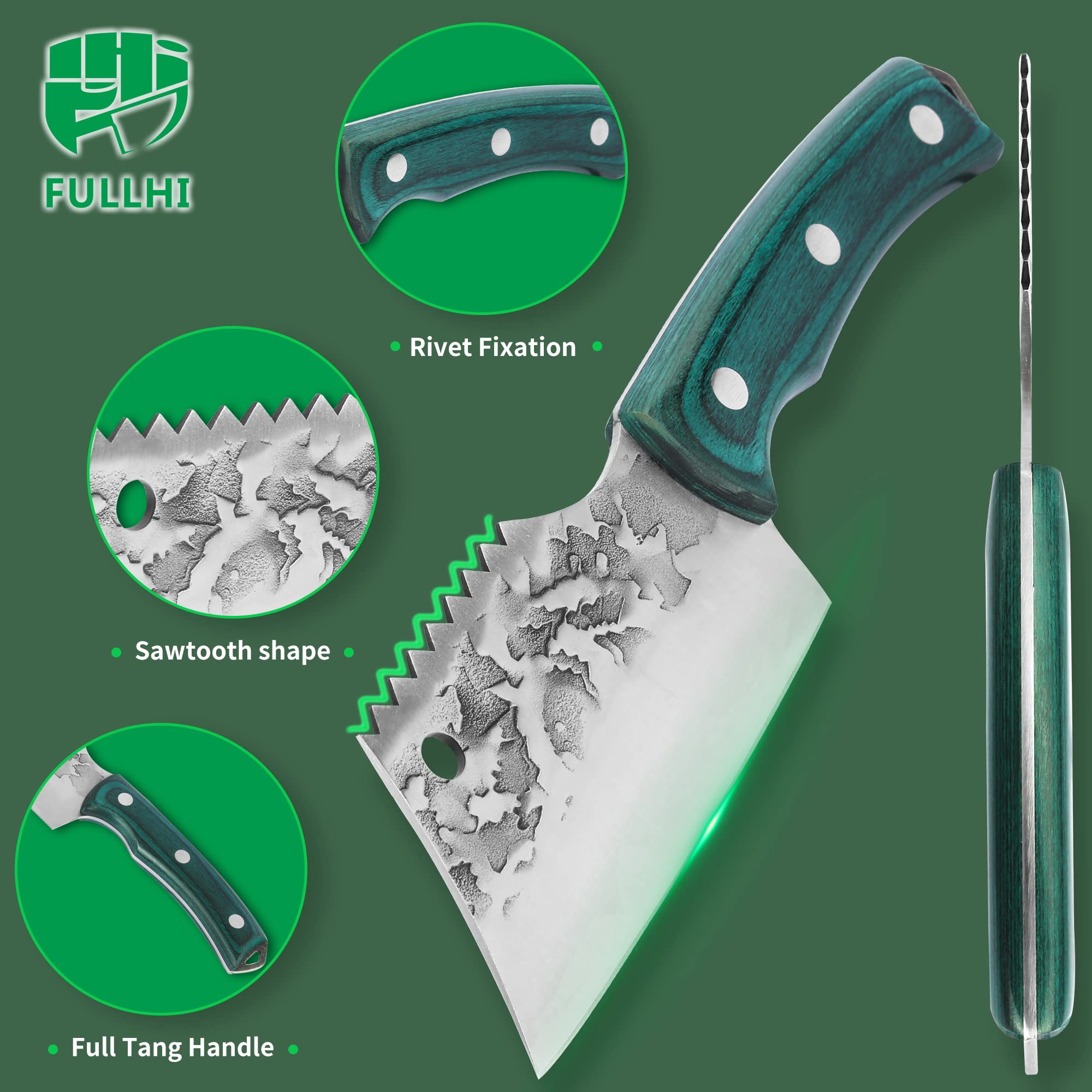 FULLHI Portable 14/15pcs Butcher knife set cleaver green woodhandle with bag Hand Forged chef knife Boning Knife High Carbon Steel viking knife set For Kitchen