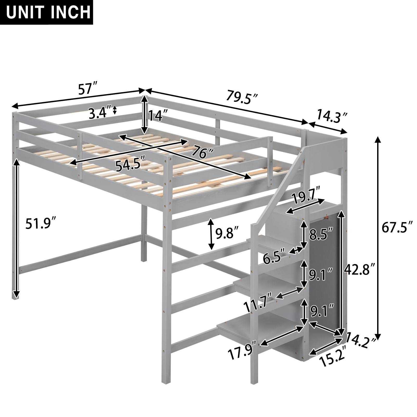 Harper & Bright Designs Full Loft Bed with Staircase and Storage Wardrobe, Wooden Full Size Loft Bed Frame with Storage Shelf, High Full Loft Beds for Kids Boys Girls Teens Dorm Bedroom (Full, Gray)