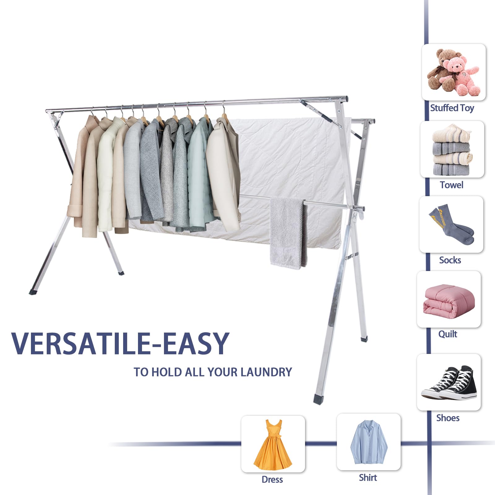 RSYEKU 79 Inches Clothes Drying Rack Outdoor,Stainless Steel Laundry Drying Rack Clothing Foldable & Collapsible Heavy Duty Garment Rack for Indoor Outdoor with Windproof Hooks