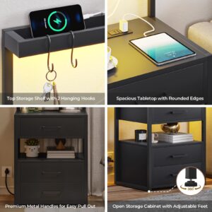 VIAGDO Led Nightstand with Charging Station, 3 Drawers Night Stands with Led Lights, Black Bedside Tables with Storage Shelves, Modern End Side Tables for Bedroom, Office