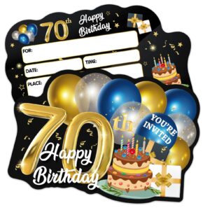 erhachaijia 20 pcs blue & golden balloons & cake shaped fill-in invitations cards with envelopes, funny 70th happy birthday party 70 year old birthday invites for men husband dad farther