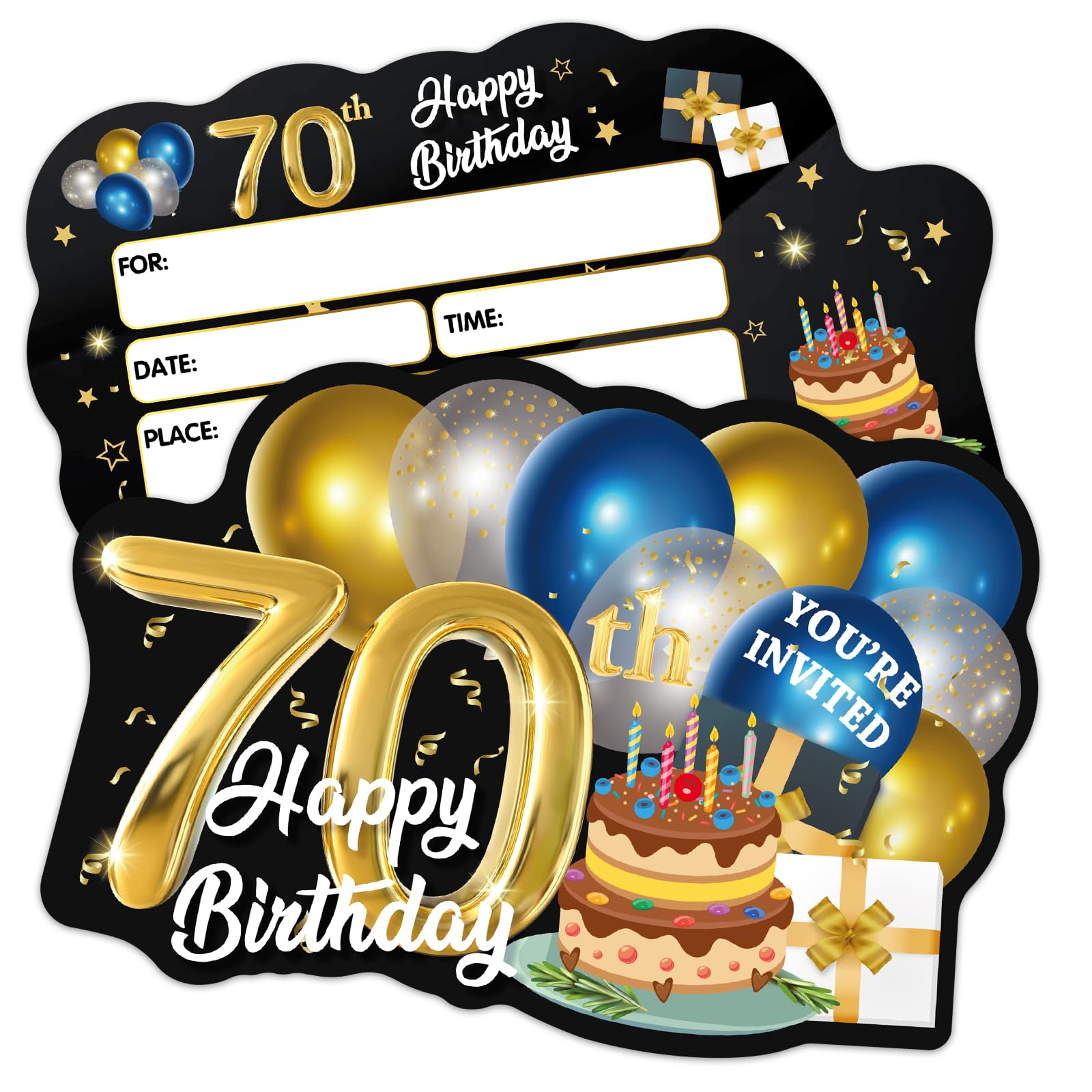 ERHACHAIJIA 20 PCS Blue & Golden Balloons & Cake Shaped Fill-In Invitations Cards With Envelopes, Funny 70th Happy Birthday Party 70 Year Old Birthday Invites For Men Husband Dad Farther