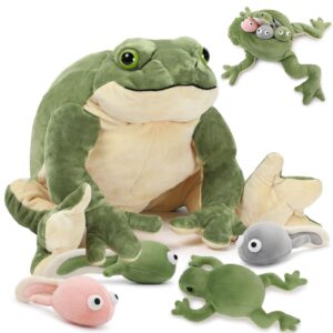 tezituor giant realistic frog stuffed animal plush toy, 20.5” large mommy frog with 4 babies pillow gifts for boys girls