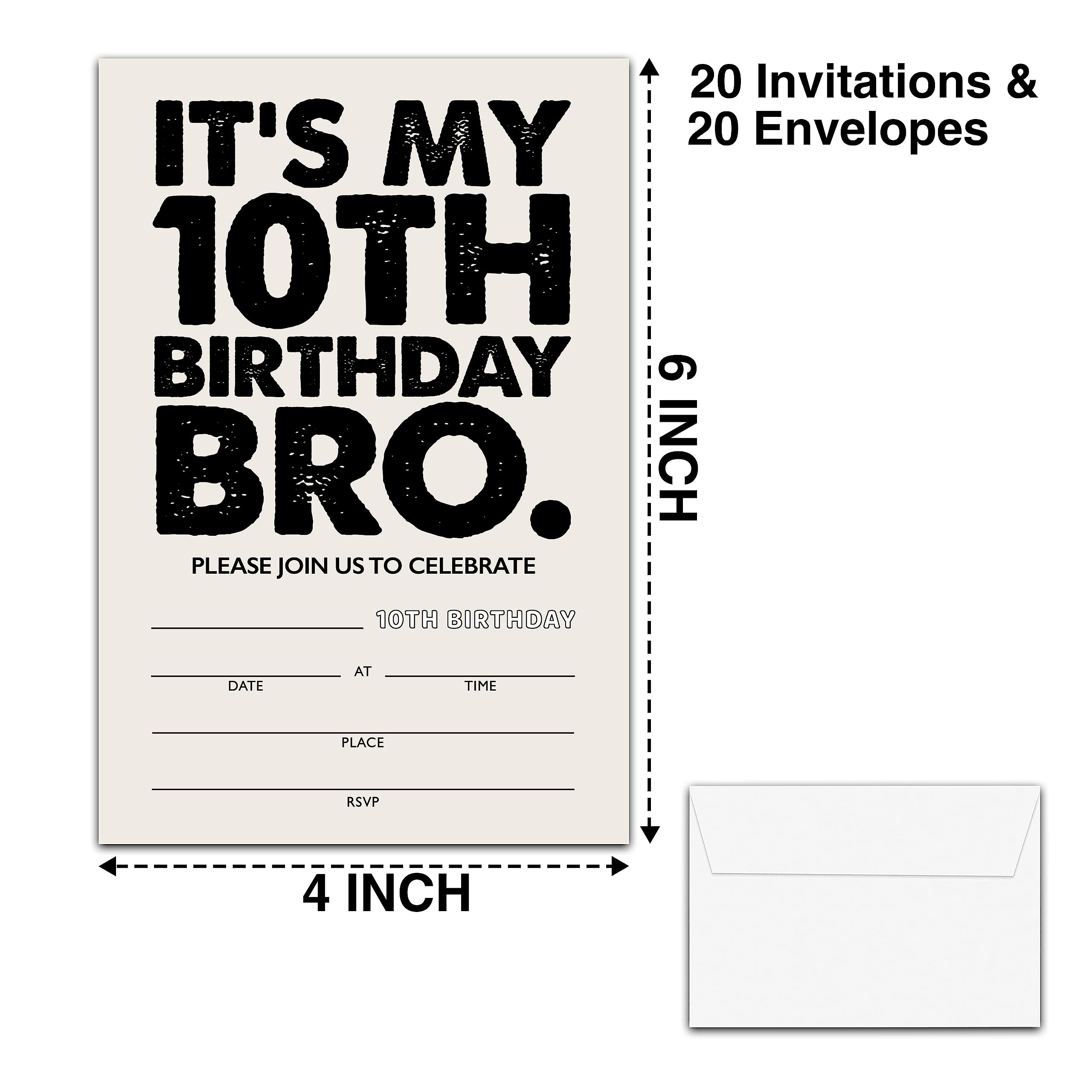 YSTEP It's My 10th Birthday Party Invitations, 20 Invite Cards with Envelopes, 4" x 6" Black and White Birthday Invites - C15