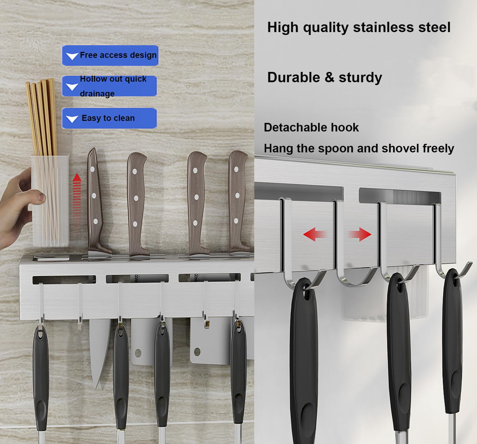 Knife Holder, Stainless Steel Knife Holder with 8 Hooks, No Punching kitchen Wall Mounted Multifunctional Chopsticks & Knife Holder for Storing Chopsticks, Knives & Rags in Home/Hotel