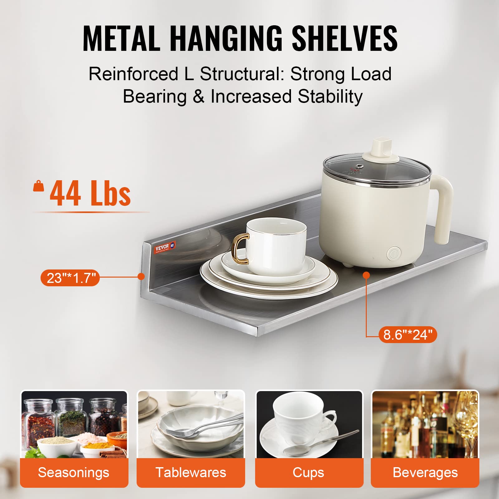 VEVOR Stainless Steel Shelf, Wall Mounted Floating Shelving with Brackets, Commercial Shelves, Heavy Duty Storage Rack for Restaurant, Kitchen, Bar, Home, and Hotel