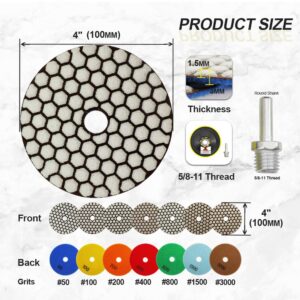 SANLEETEK Dry Diamond Polishing Pads 4"/100mm - 8pcs 50x3/100x2/200/400/800 Polish Pad Kit with 5/8"-11 Backer Pad+Adapter for Granite Marble Artificial Stone Quartz for Angle Grinder