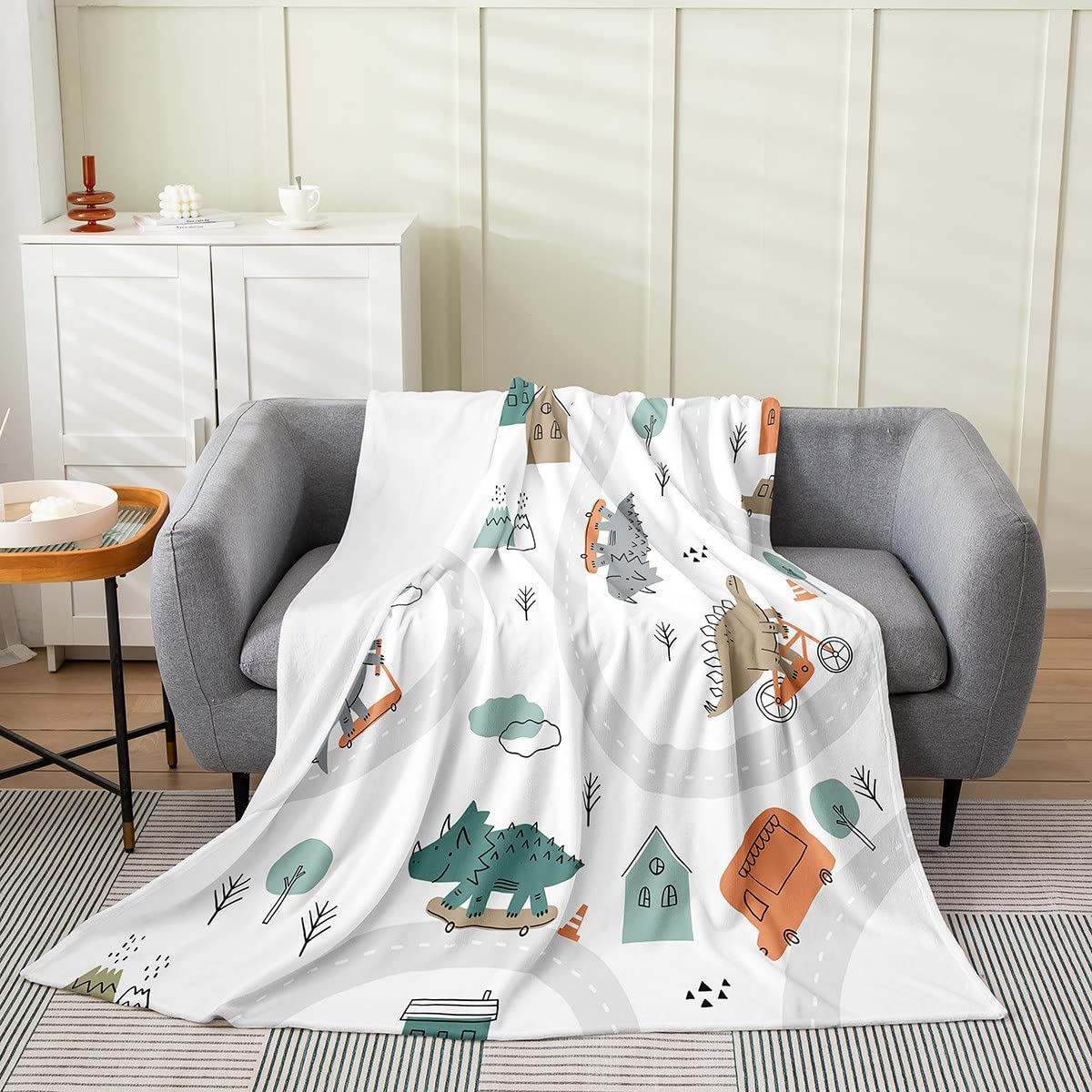 Dinosaur Blanket Baby 30x40 Inch, Cute Dino Throw Blanket, Hand Drawn Cartoon Skateboard Bike Cars Fleece Blanket, Green Grey Vehicle Wild Kawaii Animal Luxury Soft Fuzzy Blanket for Kids