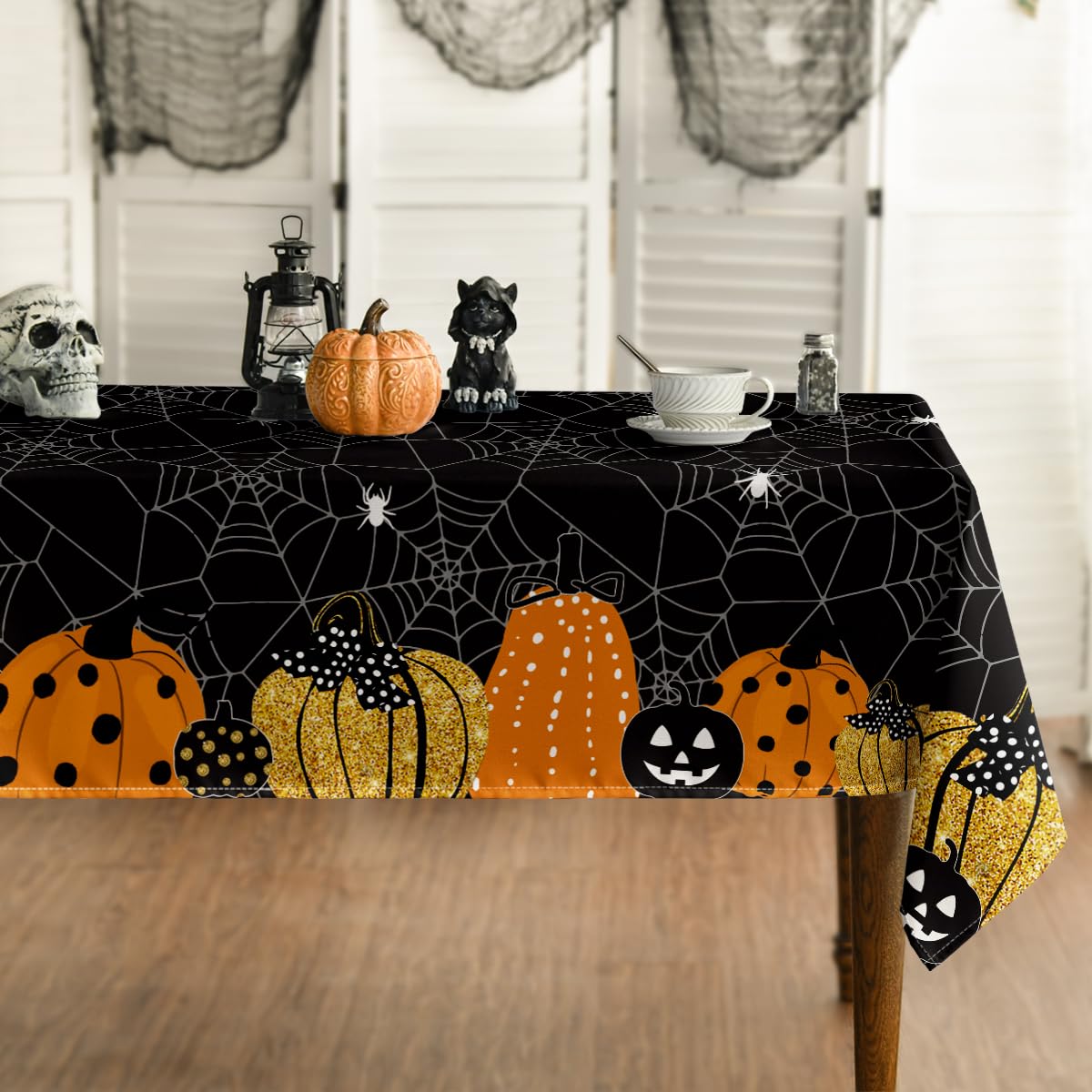 Horaldaily Halloween Tablecloth 60x84 Inch Rectangular, Jack-O-Lantern Pumpkin Cobweb Scary Themed Black Washable Table Cover for Party Picnic Dinner Decor