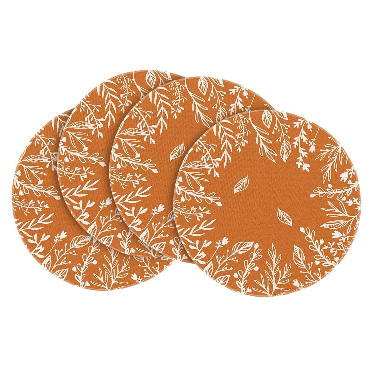 Artoid Mode Orange Eucalyptus Leaves Round Fall Placemats Set of 4, 14 Inch Seasonal Autumn Thanksgiving Round Table Mats for Dining Decoration