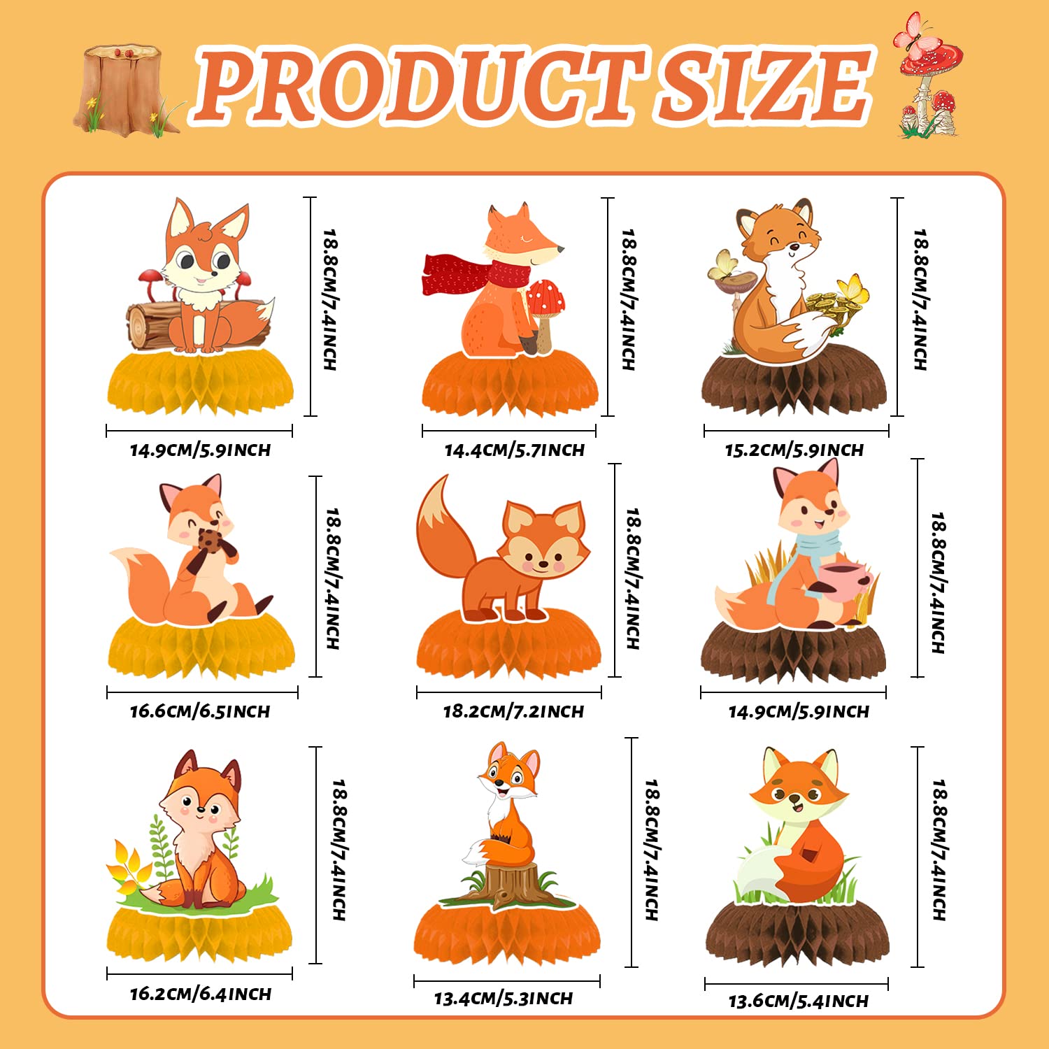 9PCS Fox Honeycomb Centerpieces 3D Table Topper Woodland Animals Double Side Centerpieces for Girl Boy Fox Theme Baby Shower Birthday Party Decorations