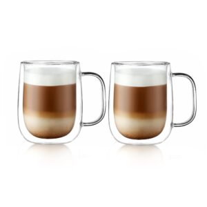 cnglass large double wall glass coffee mug 15.2oz,clear insulated glass espresso cup with big handle,set of 2