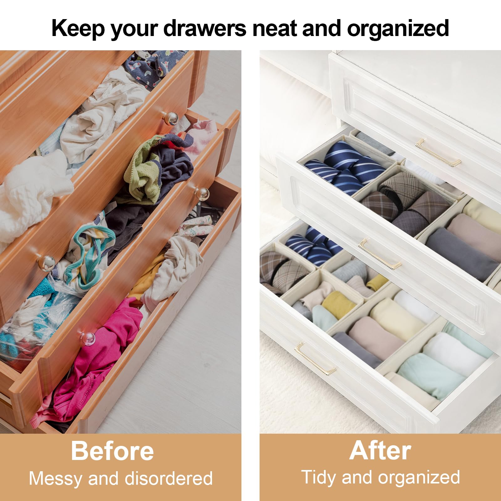 Fordonral Set of 12 Drawer Organizer, Fabric Closet Organizer and Storage Baskets,Foldable Drawer Divider for Clothing,Sock,Ties,Underwear Drawer Organizers,Set of Cabinet Storage Boxes (Beige)