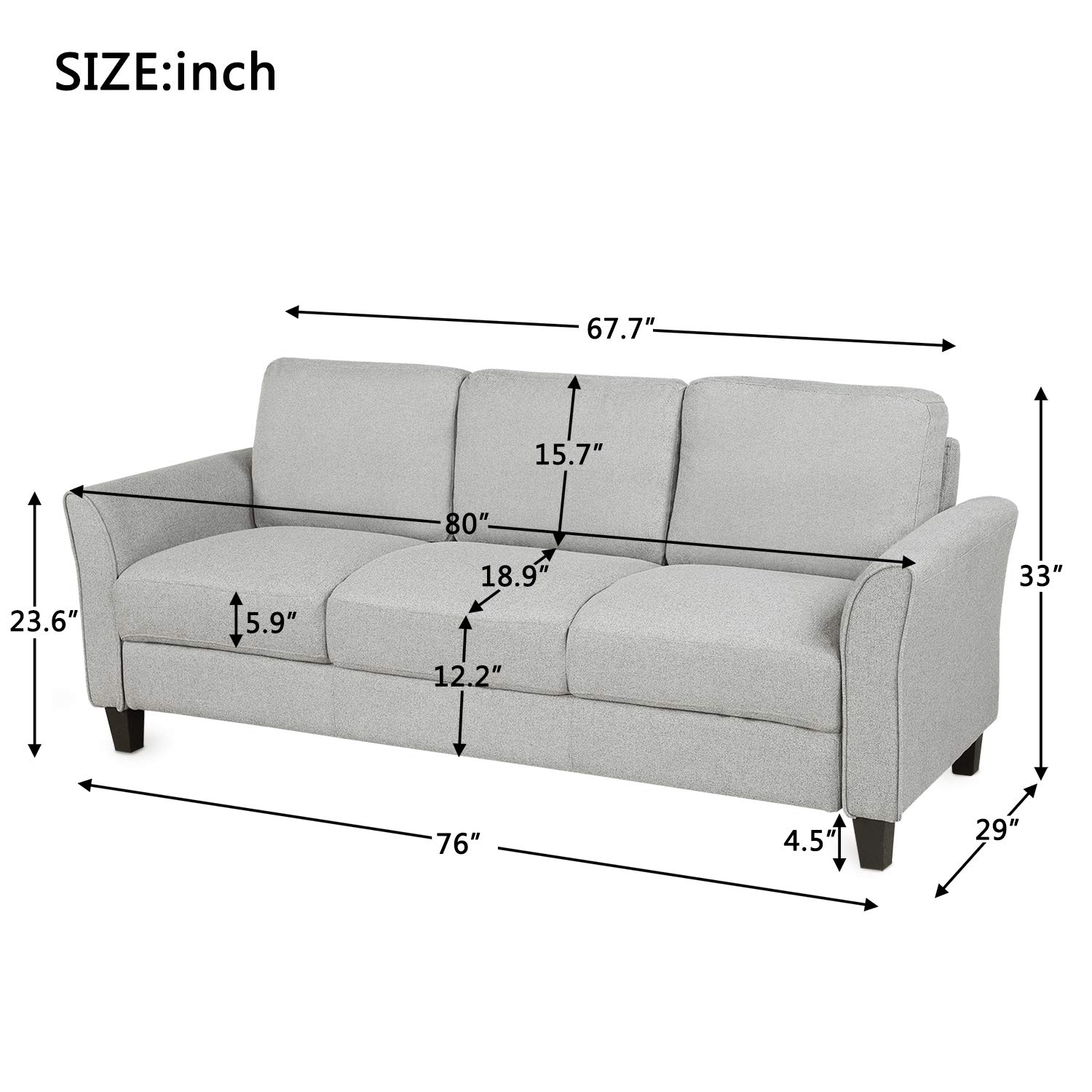 Harper&Bright Designs 3-Seat Sofa Living Room Linen Fabric Sofa Upholstered Sofa with Cushion Back (Light Gray)