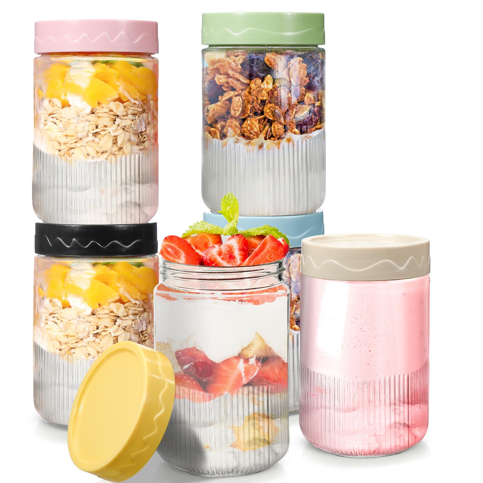 Dandat 6 Pcs Overnight Oats Container with Lid Overnight Oats Jars Glass Airtight Mason Jars Colorful Overnight Oatmeal Storage Container Fresh and Long Lasting for Milk Cereal (16.9 oz)