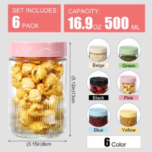 Dandat 6 Pcs Overnight Oats Container with Lid Overnight Oats Jars Glass Airtight Mason Jars Colorful Overnight Oatmeal Storage Container Fresh and Long Lasting for Milk Cereal (16.9 oz)