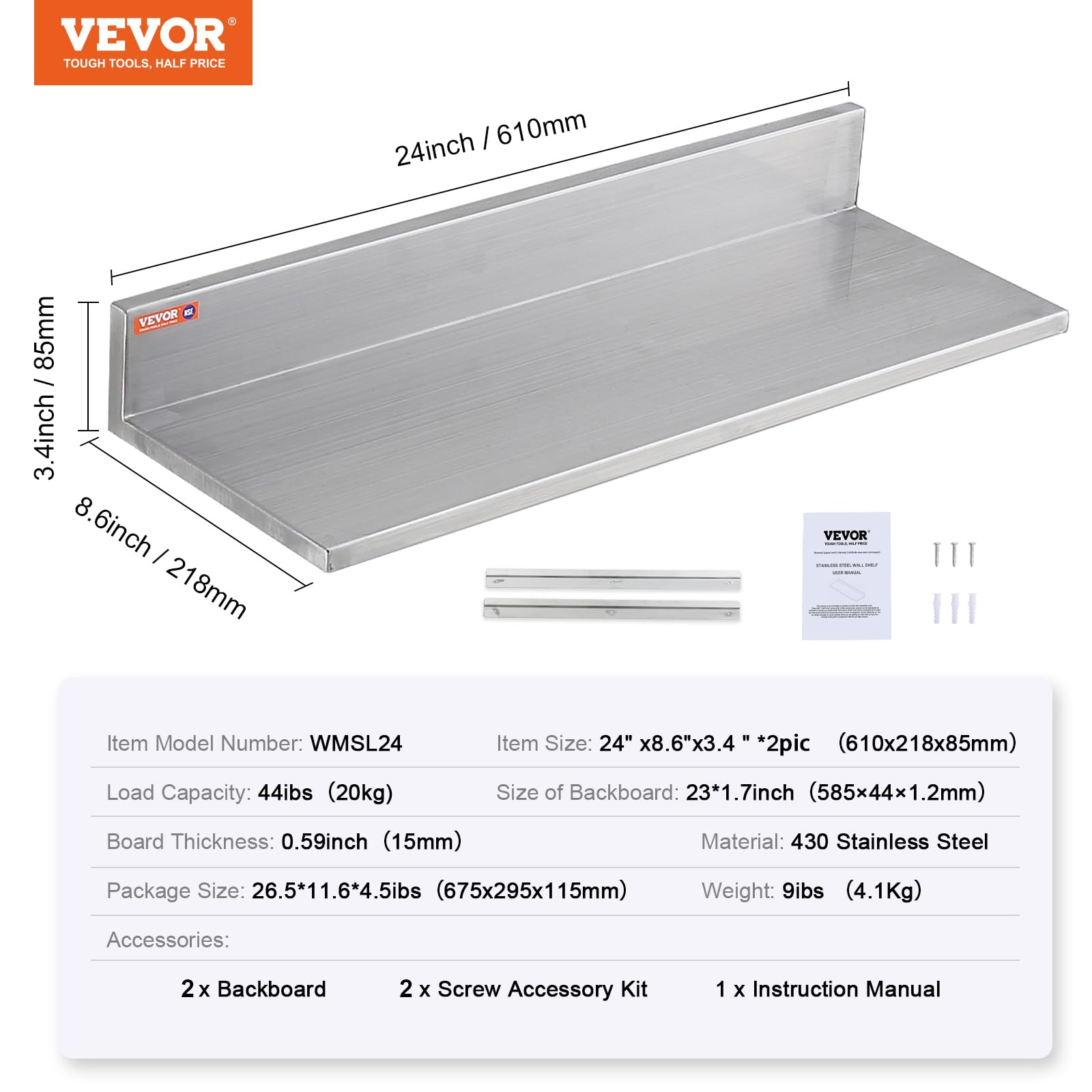 VEVOR Stainless Steel Shelf, Wall Mounted Floating Shelving with Brackets, Commercial Shelves, Heavy Duty Storage Rack for Restaurant, Kitchen, Bar, Home, and Hotel