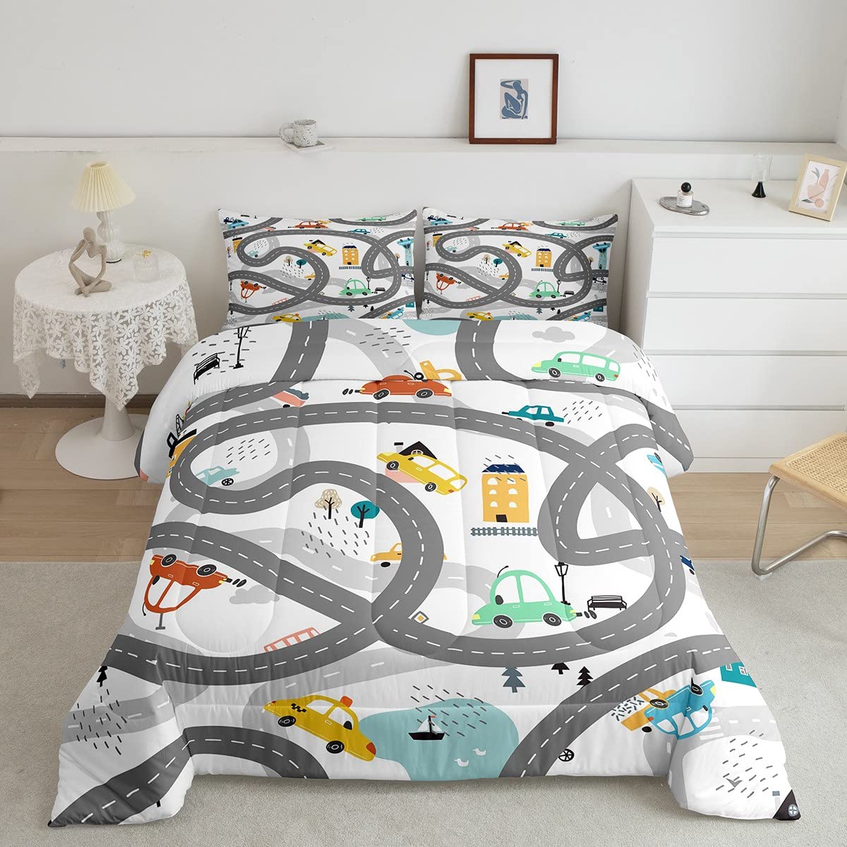 Cartoon Cars Comforter Set Twin, City Roads Bedding, Hand Drawn Cute Town Road Trees Bedding Comforter Sets, Teal Yellow Blue Retro Rustic Farmhouse Lake Bedroom Decor Down Comforter For Boys