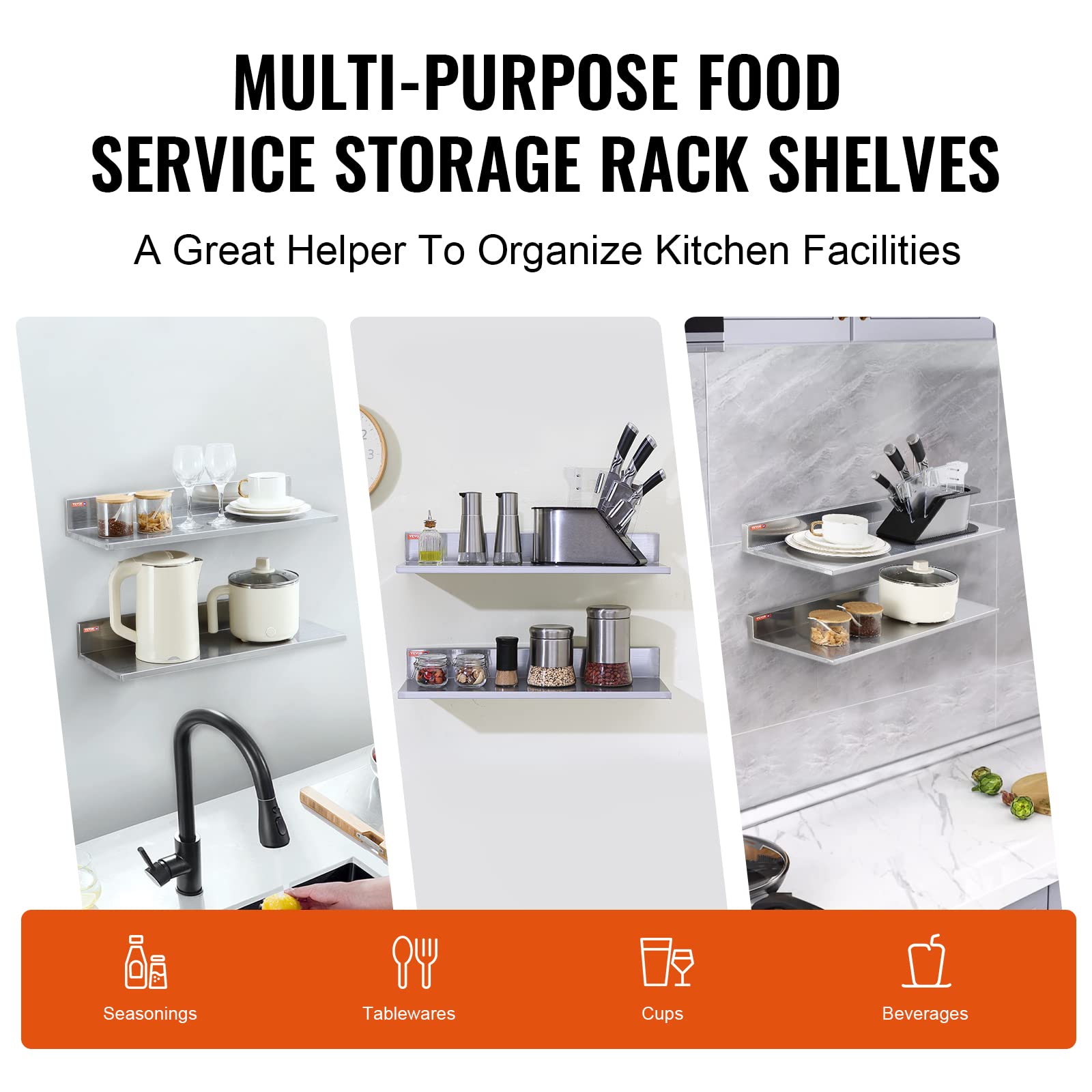 VEVOR Stainless Steel Shelf, Wall Mounted Floating Shelving with Brackets, Commercial Shelves, Heavy Duty Storage Rack for Restaurant, Kitchen, Bar, Home, and Hotel