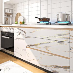 FunStick Thick White Marble Contact Paper for Countertops Cabinets Waterproof White Gold Marble Wallpaper Peel and Stick Countertops for Kitchen Removable Marble Wall Paper for Bathroom Desk 12"x200"