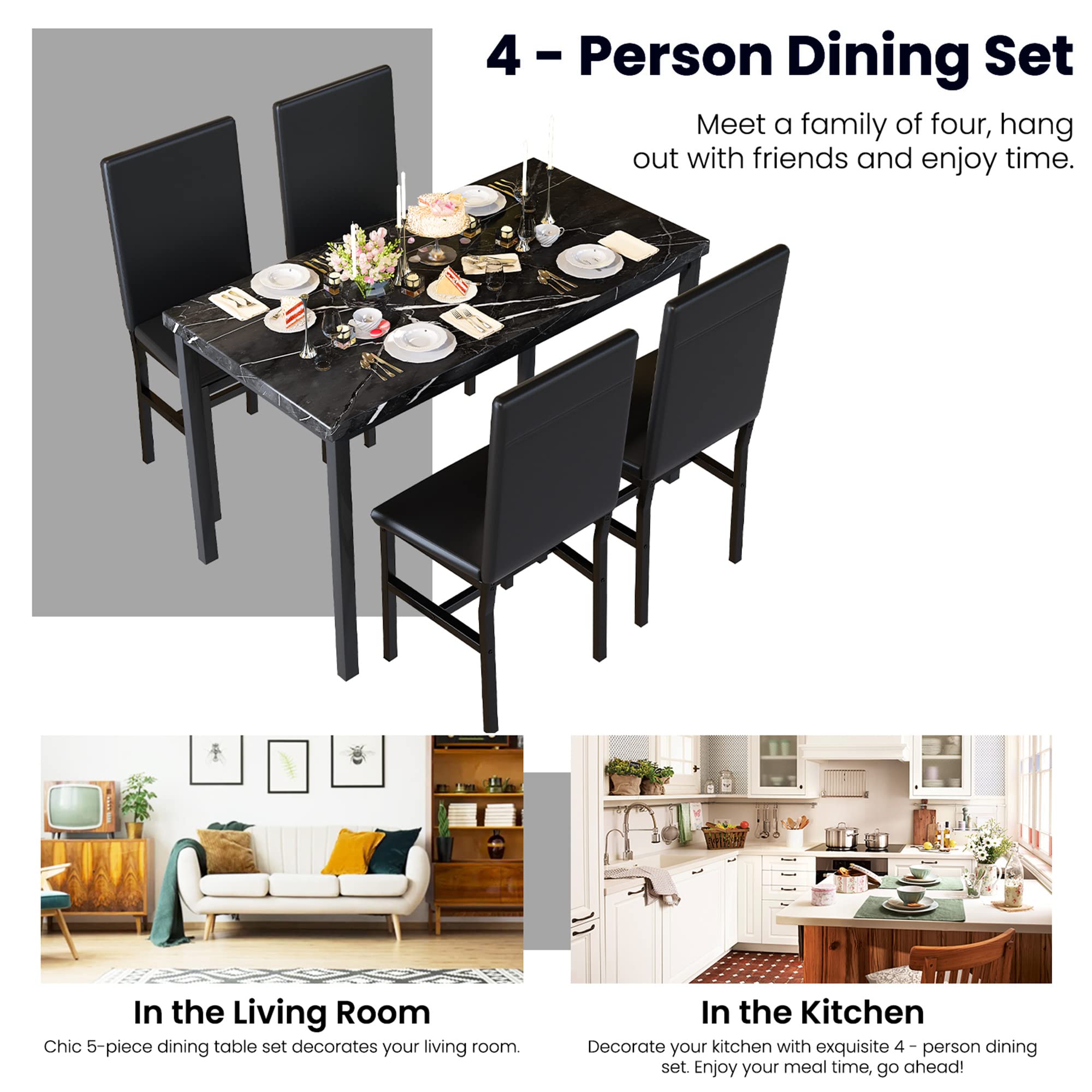 Recaceik Dining Table Set for 4, Kitchen Table and Chairs Set with Faux Marble Tabletop & 4 Leather Upholstered Chairs for Kitchen Dining Room, Compact Space, Dinette Set, Black+Black