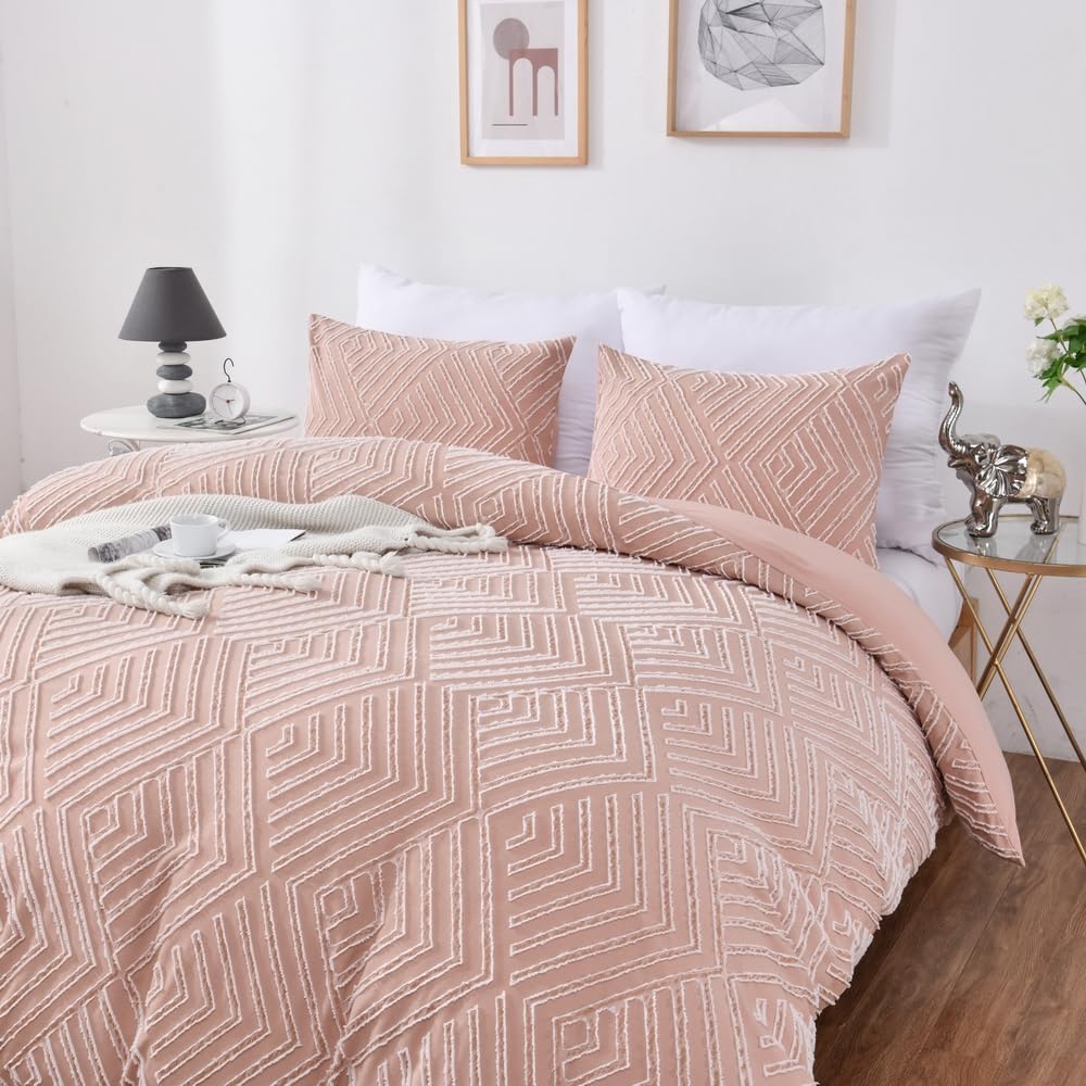 Duvetex Pink Tufted Queen Duvet Cover Set, Soft and Lightweight Shabby Chic Embroidery Duvet Covers for All Seasons, 3 Pieces Boho Bedding Set 90" x 92"(1 Duvet Cover with 2 Pillow Shams)