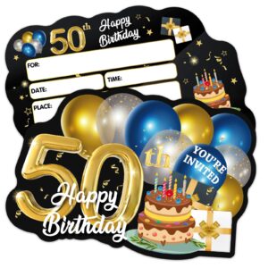 erhachaijia 20 pcs blue & golden balloons & cake shaped fill-in invitations cards with envelopes, funny 50th happy birthday party 50 year old birthday invites for men husband dad farther