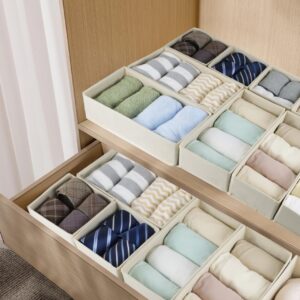 Fordonral Set of 12 Drawer Organizer, Fabric Closet Organizer and Storage Baskets,Foldable Drawer Divider for Clothing,Sock,Ties,Underwear Drawer Organizers,Set of Cabinet Storage Boxes (Beige)