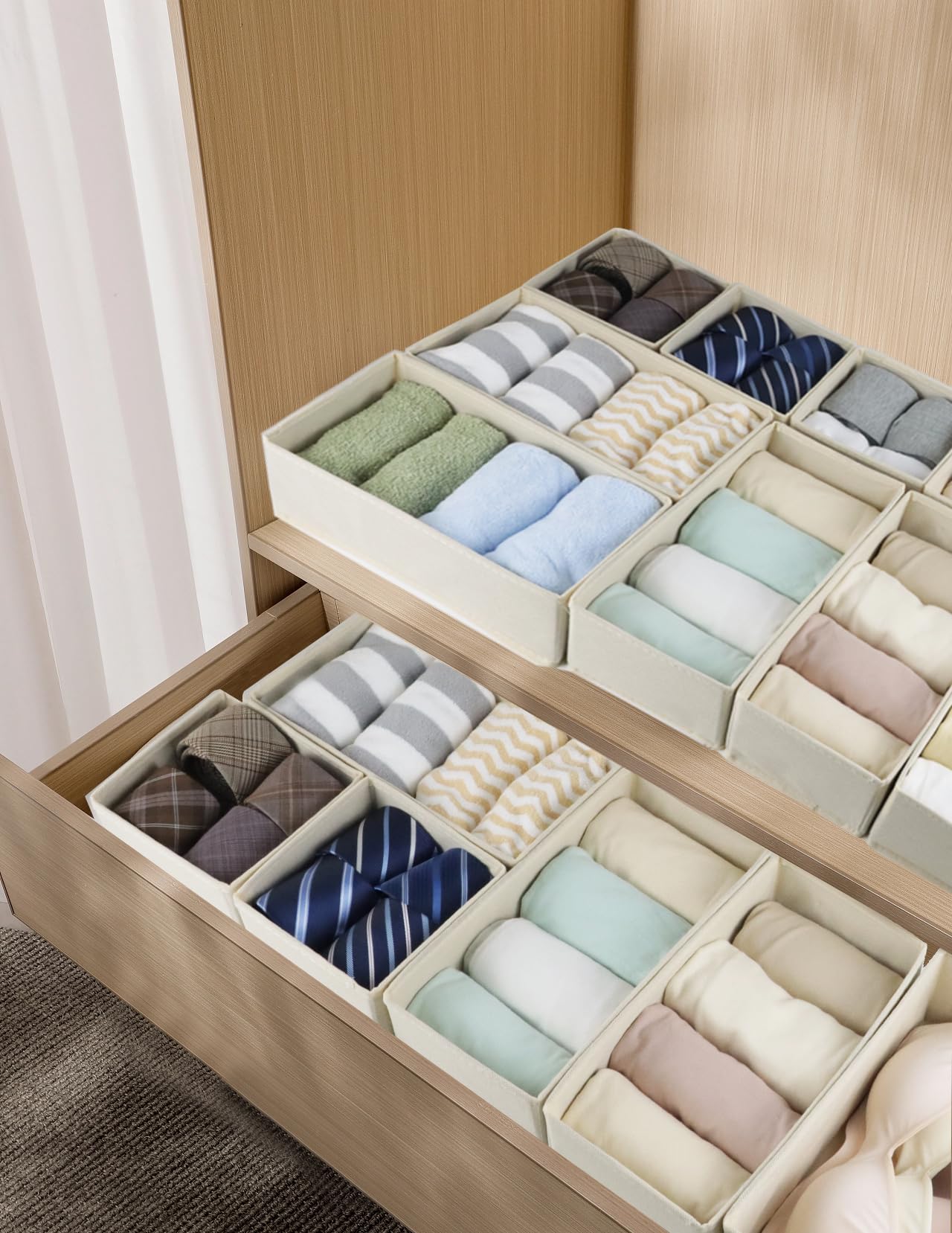 Fordonral Set of 12 Drawer Organizer, Fabric Closet Organizer and Storage Baskets,Foldable Drawer Divider for Clothing,Sock,Ties,Underwear Drawer Organizers,Set of Cabinet Storage Boxes (Beige)