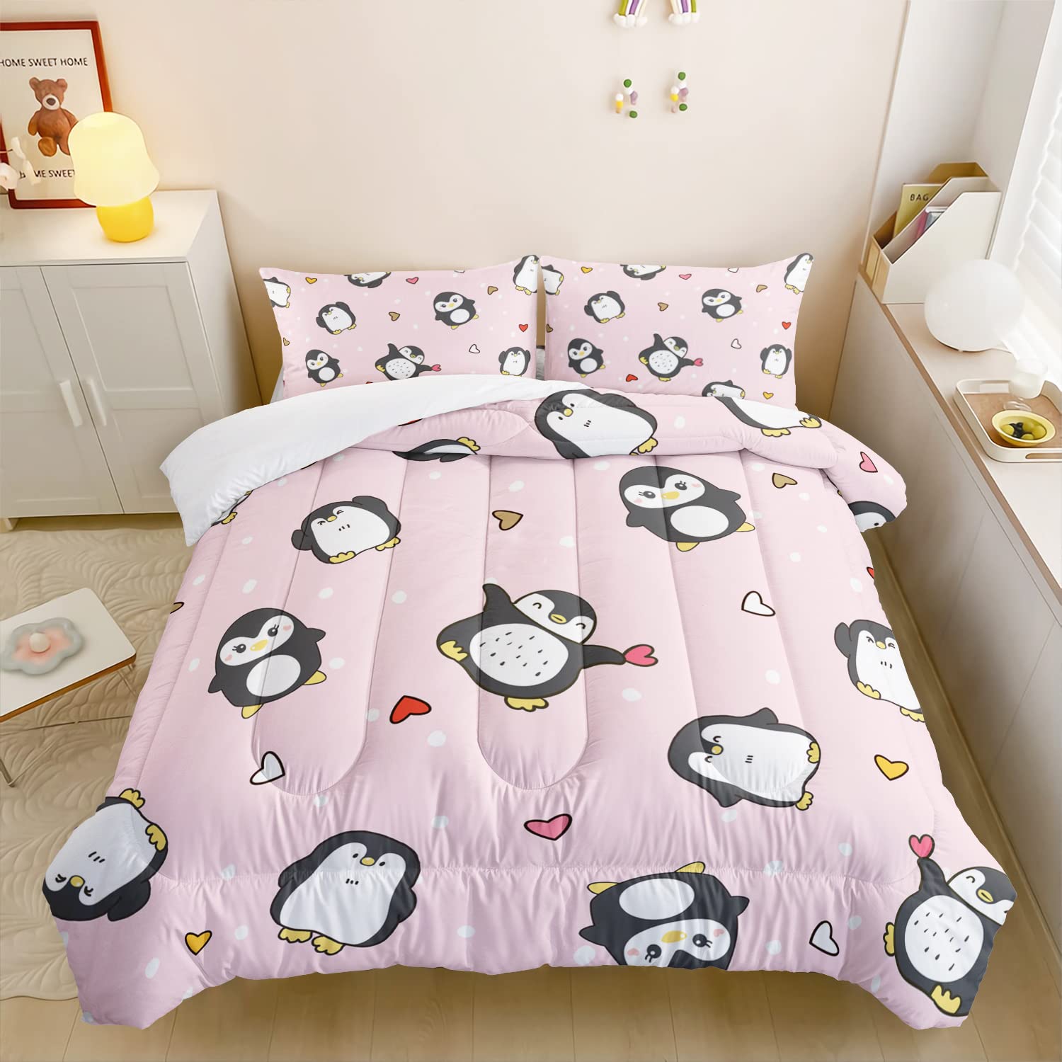 CVHOUSE Cartoon Penguin Bedding Set Twin Cute Animal Pattern Kids Teen Comforter Set 3 Pieces with 1 Comforter + 2 Pillow Cases Decor Comforter Set Cute Penguin Animal Pattern