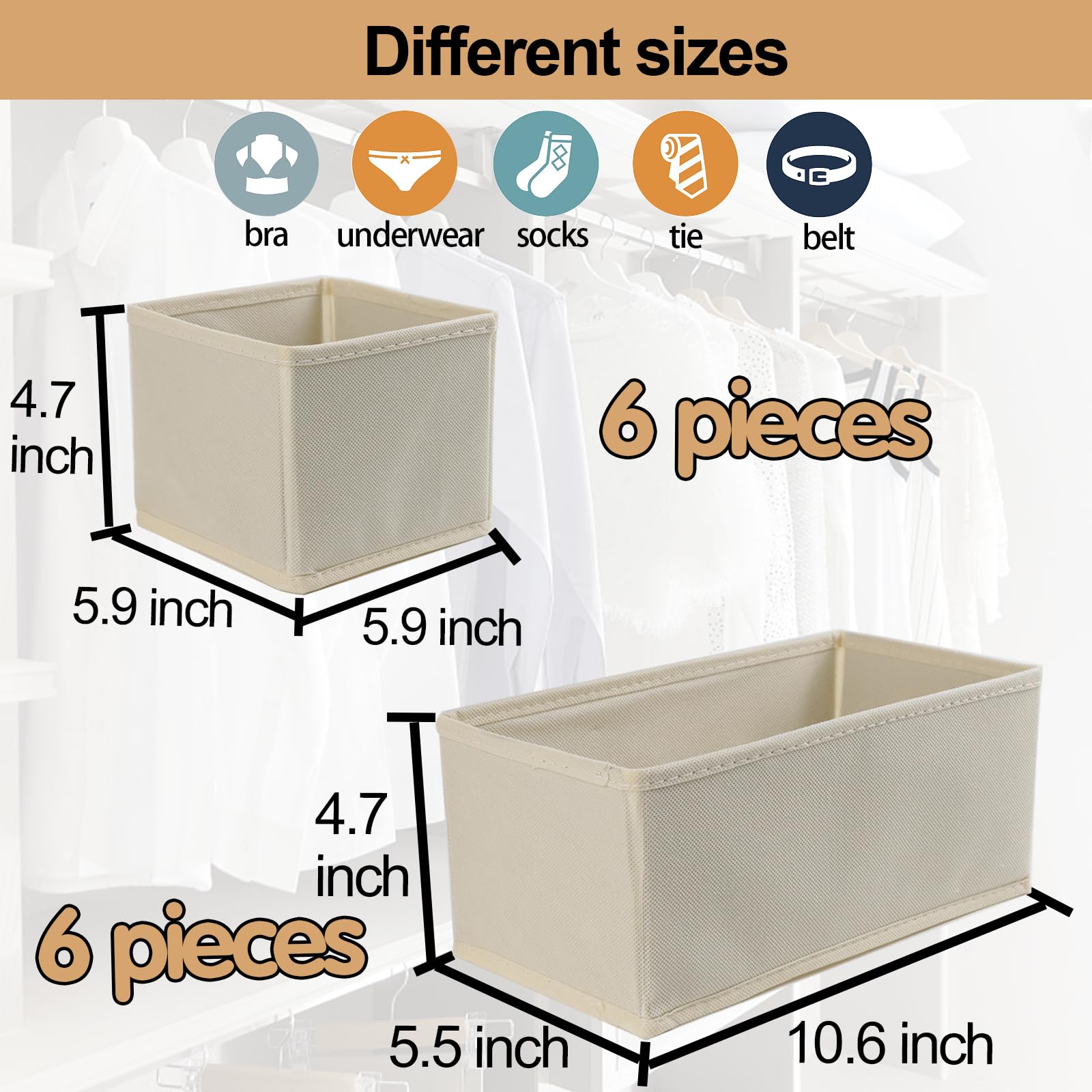 Fordonral Set of 12 Drawer Organizer, Fabric Closet Organizer and Storage Baskets,Foldable Drawer Divider for Clothing,Sock,Ties,Underwear Drawer Organizers,Set of Cabinet Storage Boxes (Beige)