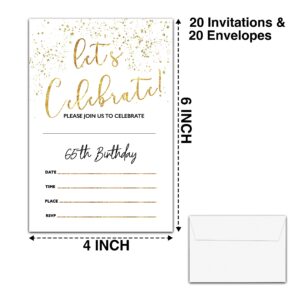 YSTEP 65th Birthday Party Invitations, 20 Invite Cards with Envelopes, 4" x 6" White and Gold Confetti Birthday Invites - C28