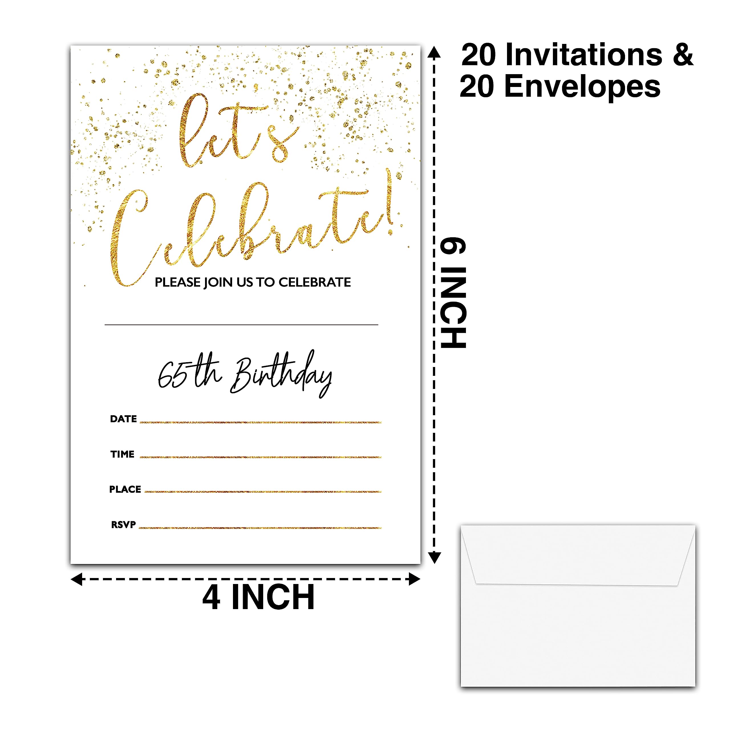 YSTEP 65th Birthday Party Invitations, 20 Invite Cards with Envelopes, 4" x 6" White and Gold Confetti Birthday Invites - C28