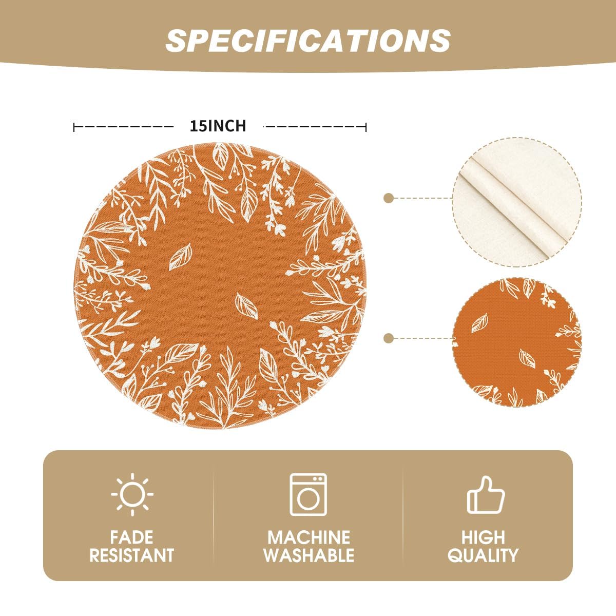 Artoid Mode Orange Eucalyptus Leaves Round Fall Placemats Set of 4, 14 Inch Seasonal Autumn Thanksgiving Round Table Mats for Dining Decoration