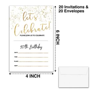 YSTEP 30th Birthday Party Invitations, 20 Invite Cards with Envelopes, 4" x 6" White and Gold Confetti Birthday Invites - C31