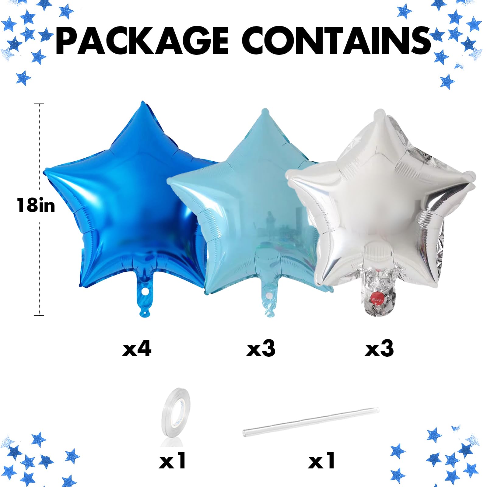 Blue Silver Foil Star Balloons, 18 Inches Star Foil Balloons for Helium, 10 pcs Blue Silver Helium Birthday Balloons, Party Foil Balloon Set for Graduation Wedding Birthday Party Decorations