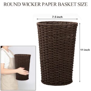 Bekith 2 Pack Small Wicker Waste Paper Basket Woven Basket Trash Can Wastebasket, Decorative Round Garbage Container Bin for Bedroom, Bathroom, Home Offices, Laundry, Brown