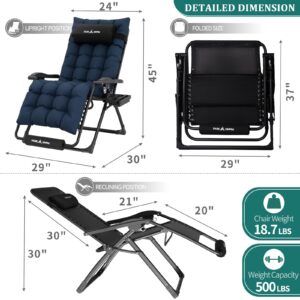 UDPATIO Oversized Zero Gravity Chair 29In XL Patio Reclining Chair with Cushion, Outdoor Folding Adjustable Recliner with Cup Holder, Foot Rest & Padded Headrest, Support 500LB, Navy