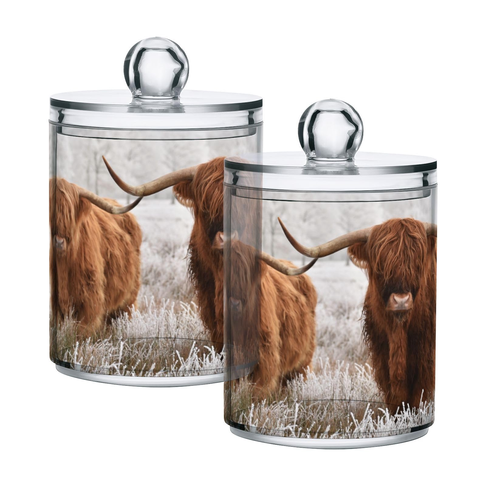 Sletend 2Pack Bathroom Canisters Organizer Scottish Highland Cow Storage Containers for Cotton Ball,Cotton Swab,Cotton Round Pads,Floss